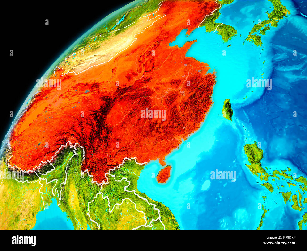 Orbit view of China highlighted in red with visible borderlines on ...