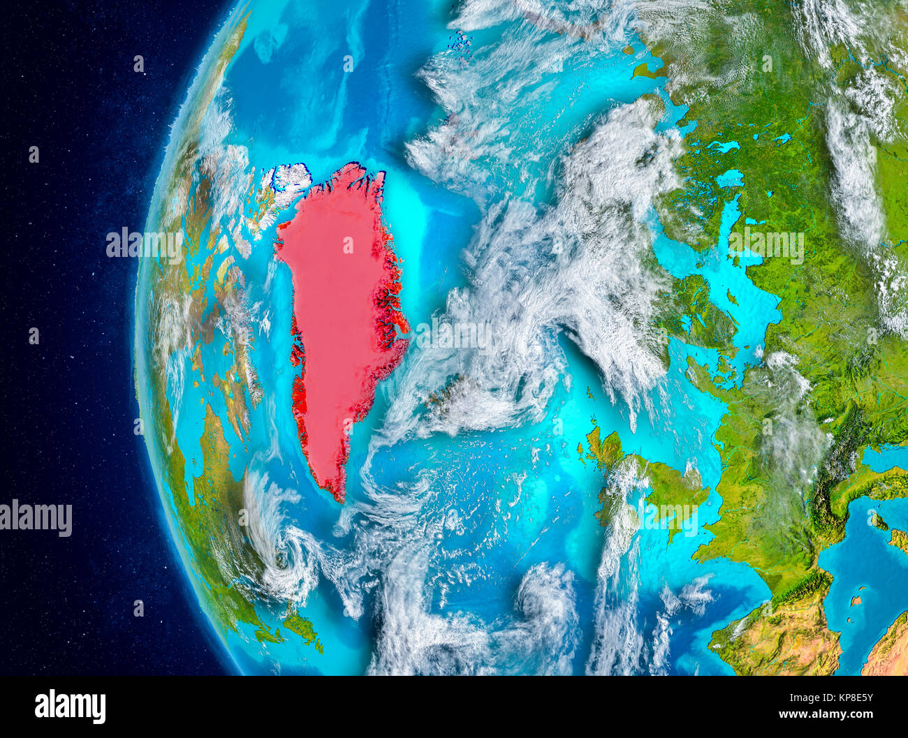 Map of Greenland as seen from space on planet Earth with clouds and ...