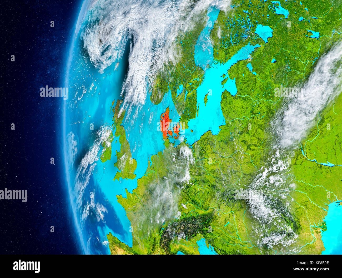 Map of Denmark as seen from space on planet Earth with clouds and ...