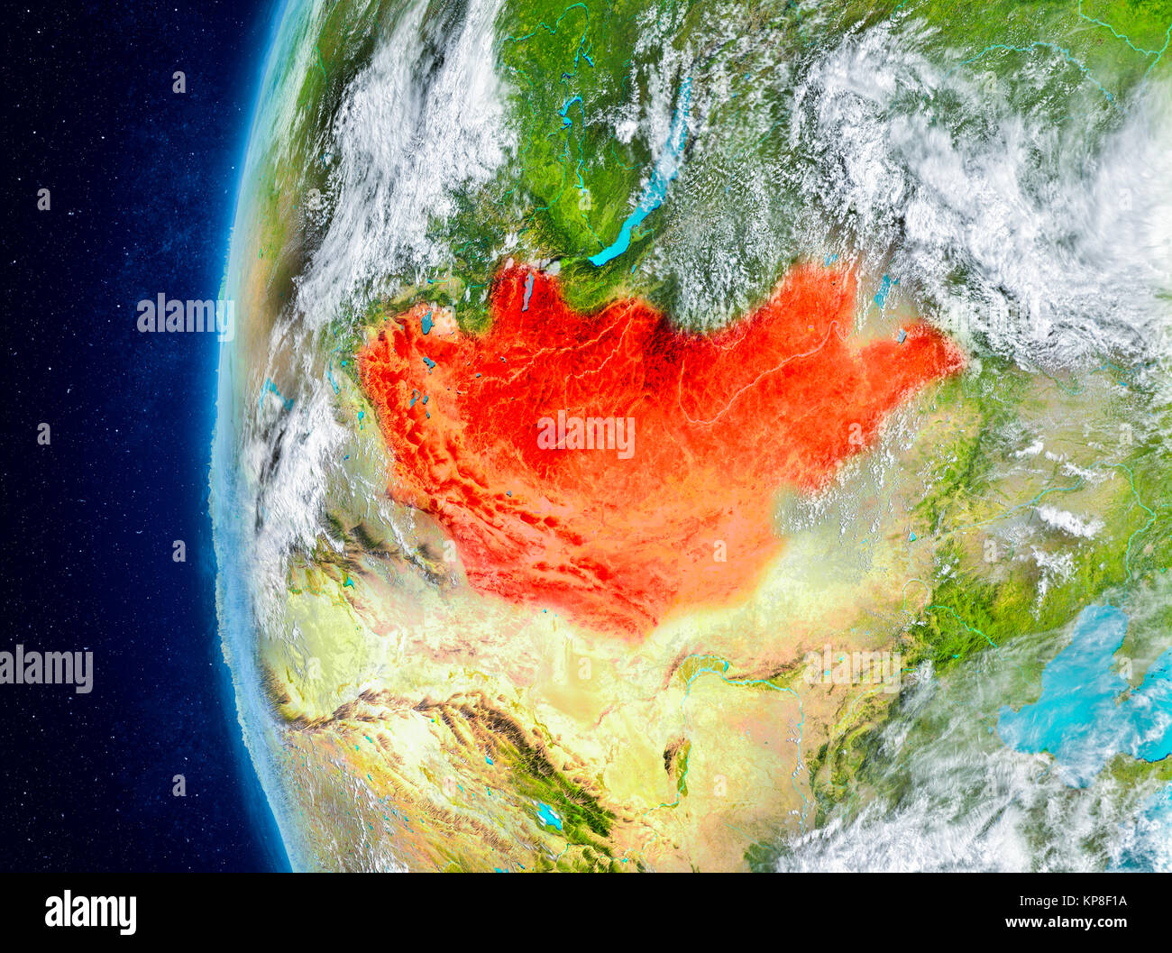 Map of Mongolia as seen from space on planet Earth with clouds and ...