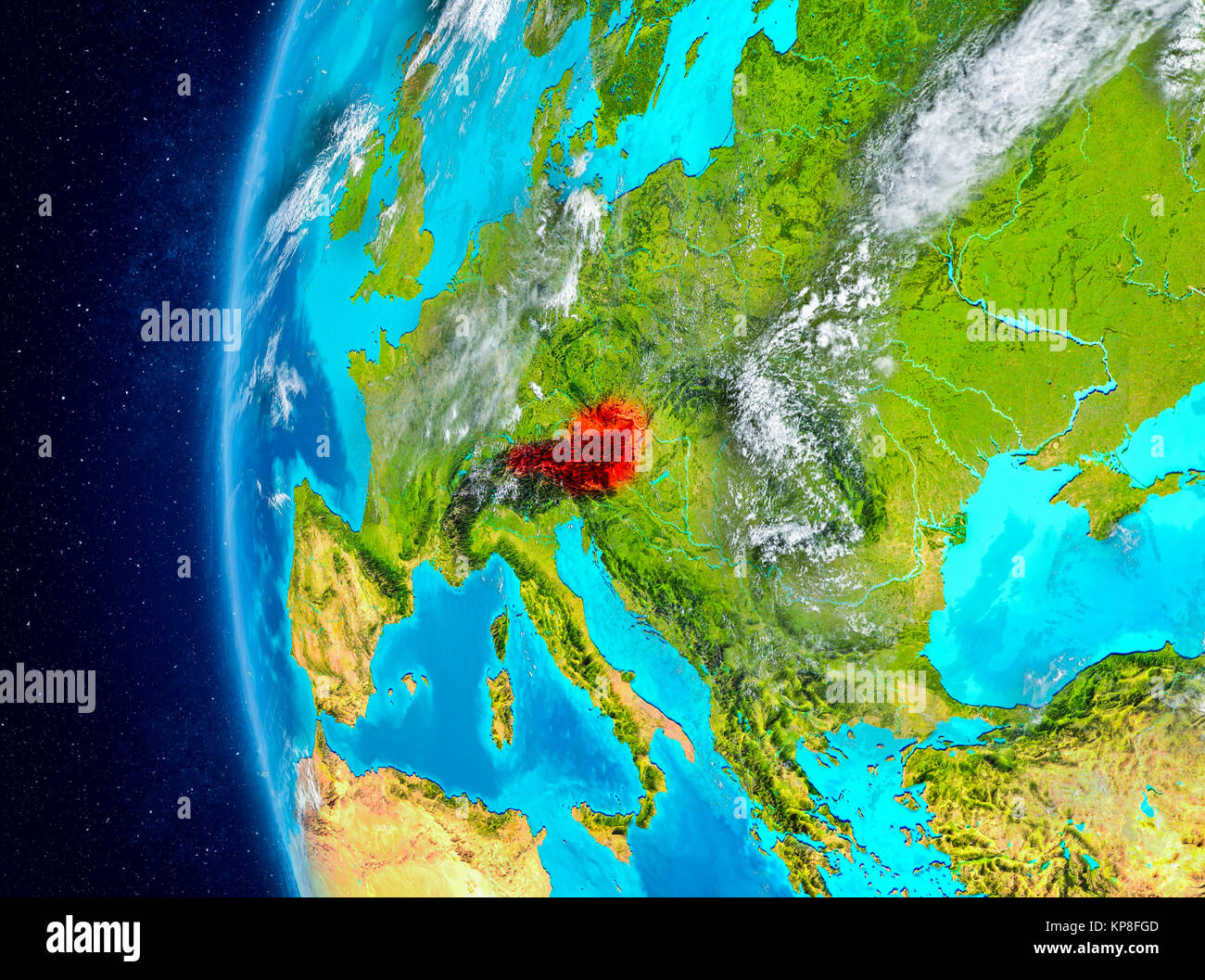 Map of Austria as seen from space on planet Earth with clouds and ...