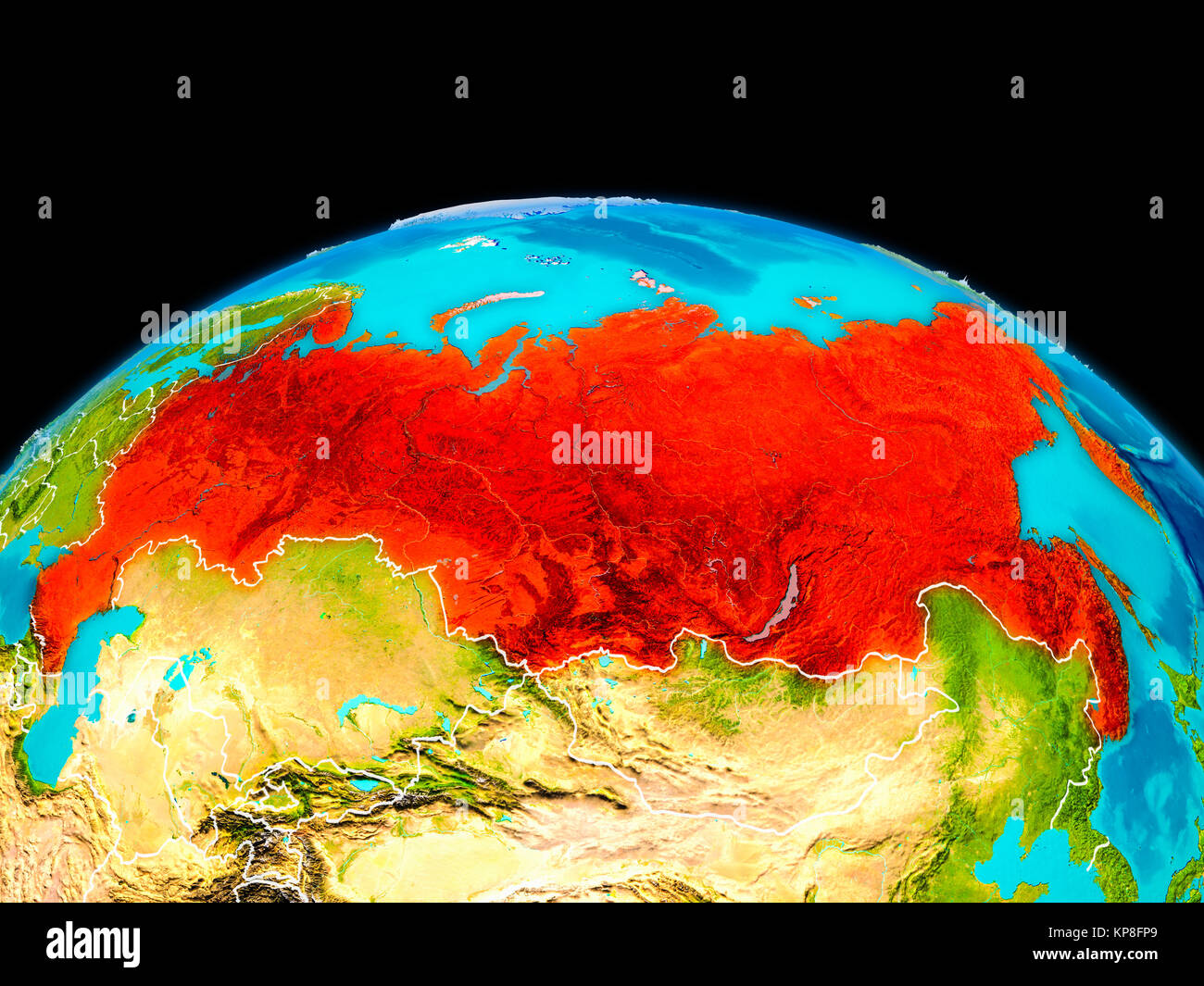 Satellite view of Russia highlighted in red on planet Earth with ...