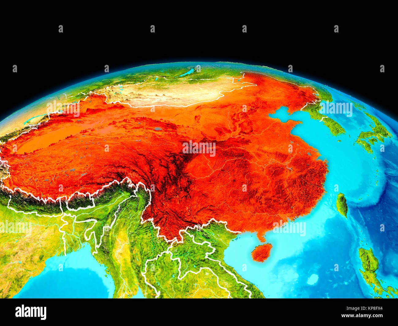 Satellite view of China highlighted in red on planet Earth with ...