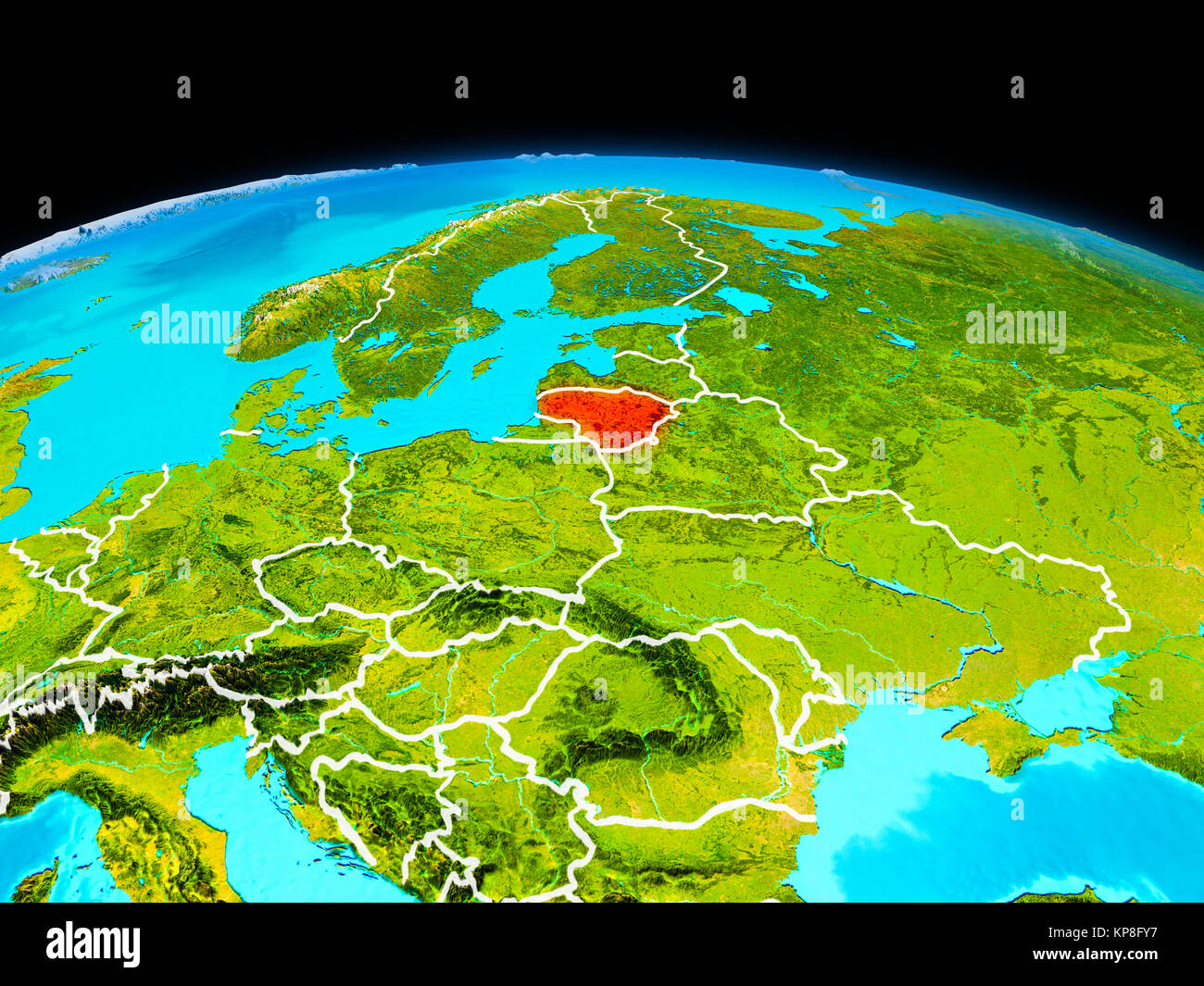 Satellite view of Lithuania highlighted in red on planet Earth with ...