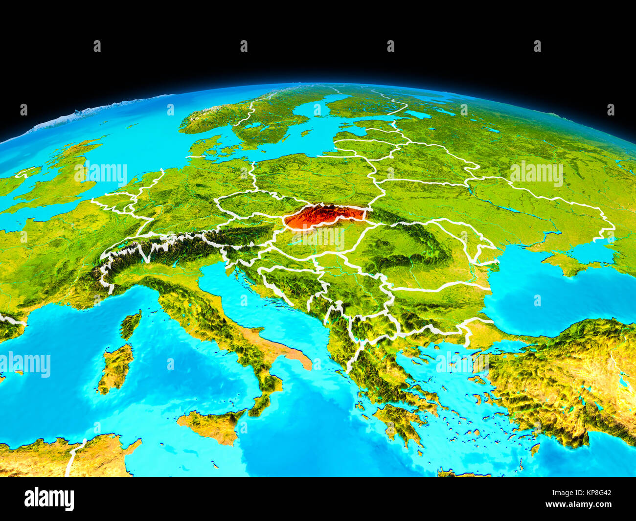Satellite view of Slovakia highlighted in red on planet Earth with borderlines. 3D illustration ...