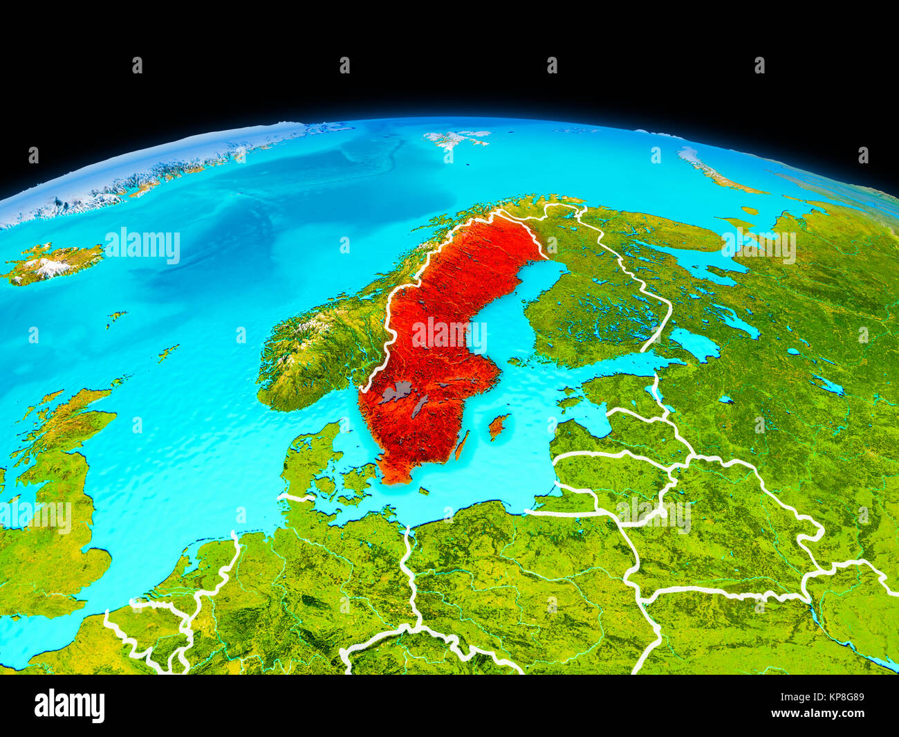 Satellite view of Sweden highlighted in red on planet Earth with borderlines. 3D illustration ...