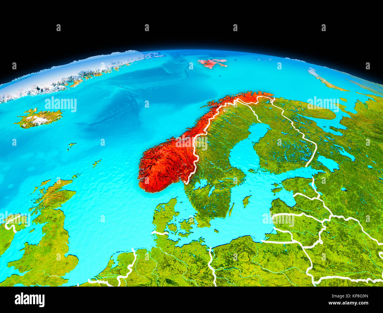 Satellite view of Norway highlighted in red on planet Earth with borderlines. 3D illustration ...