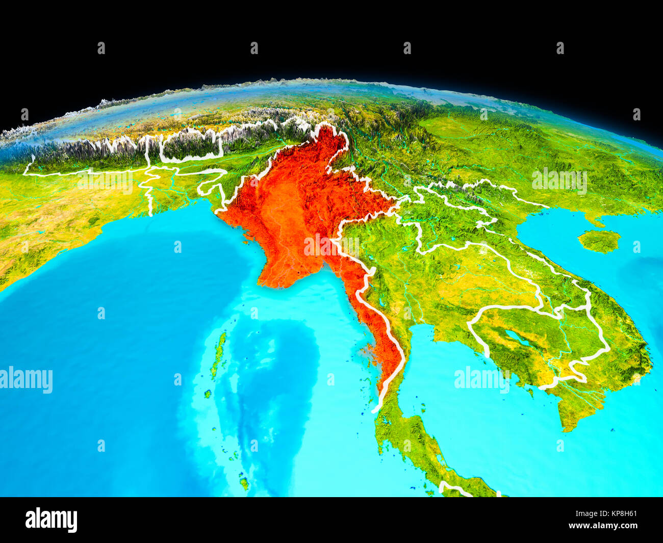 Satellite view of Myanmar highlighted in red on planet Earth with ...