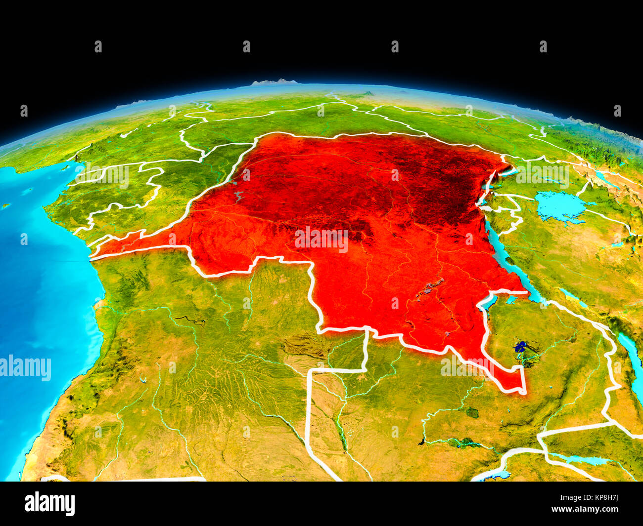 Satellite view of Democratic Republic of Congo highlighted in red on planet Earth with ...