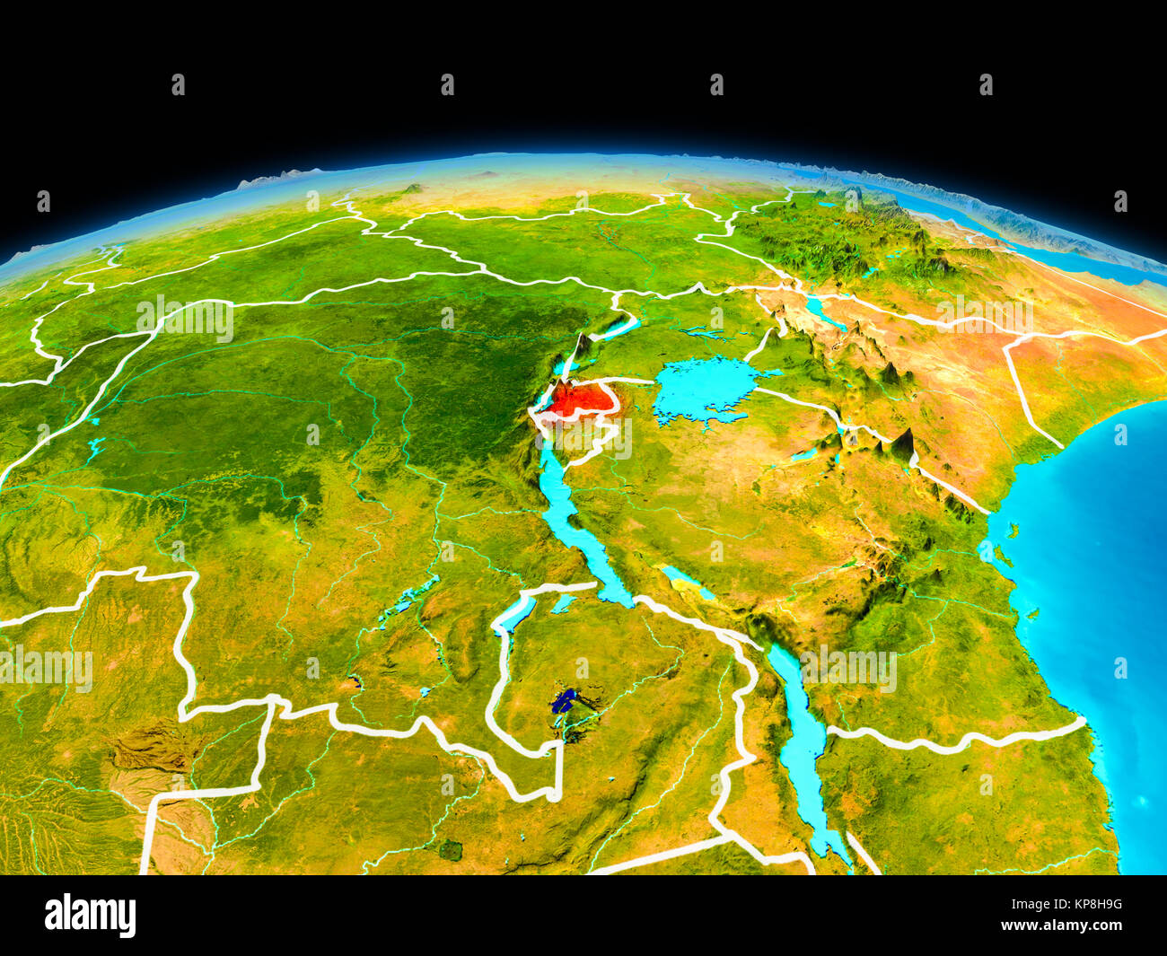 Satellite view of Rwanda highlighted in red on planet Earth with borderlines. 3D illustration ...