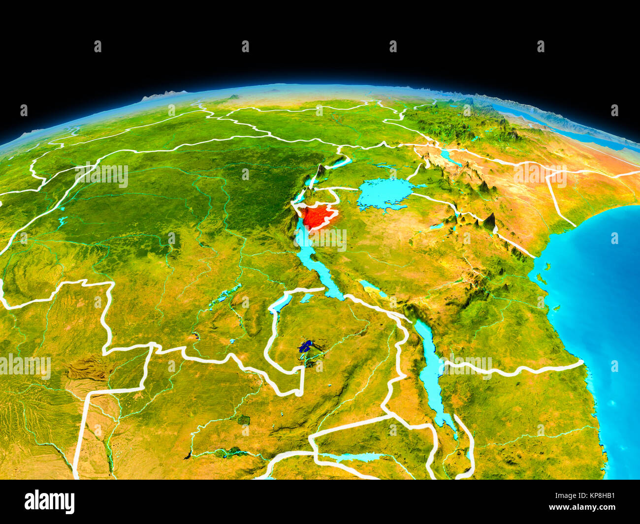 Satellite view of Burundi highlighted in red on planet Earth with borderlines. 3D illustration ...