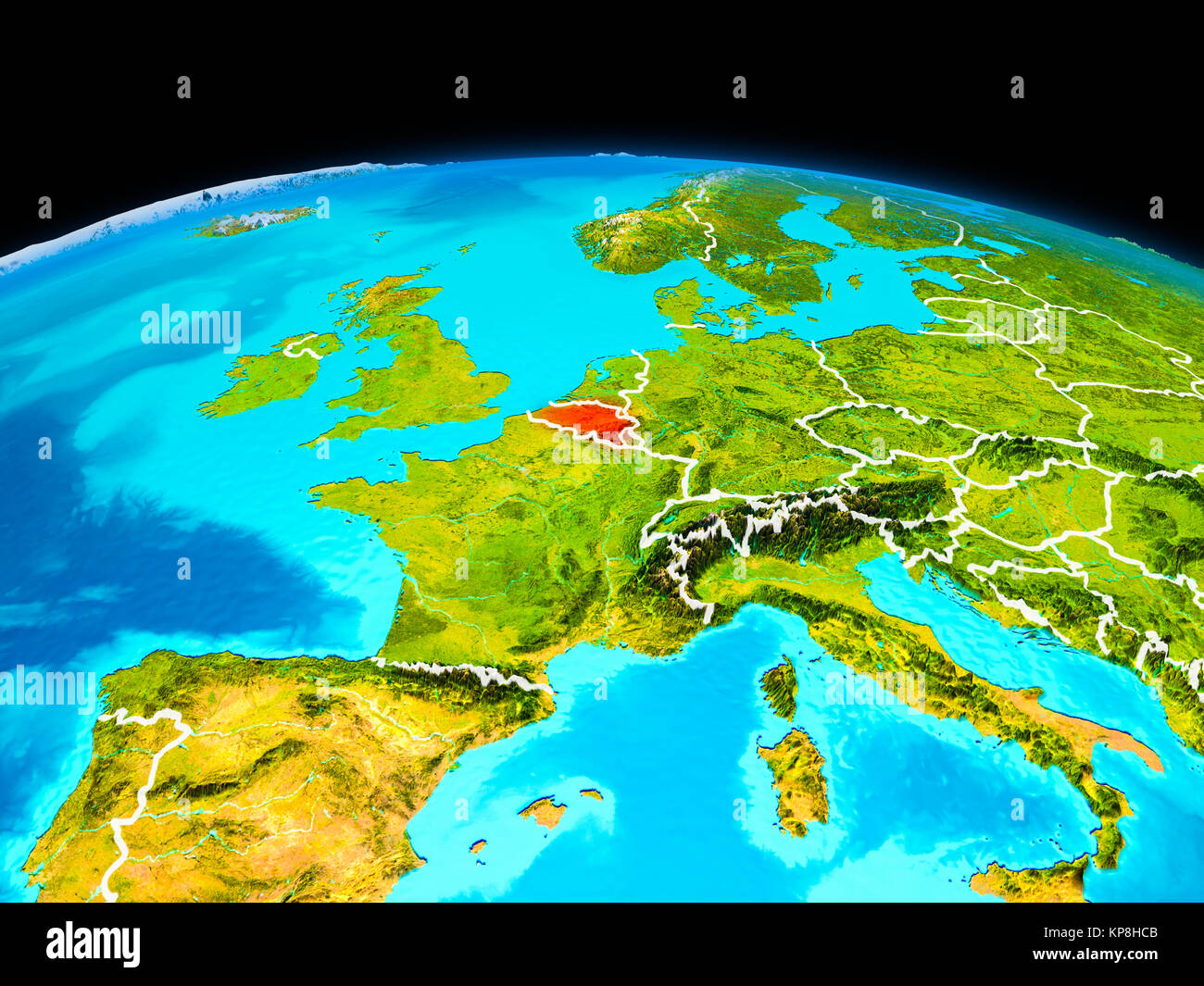 Satellite view of Belgium highlighted in red on planet Earth with borderlines. 3D illustration ...