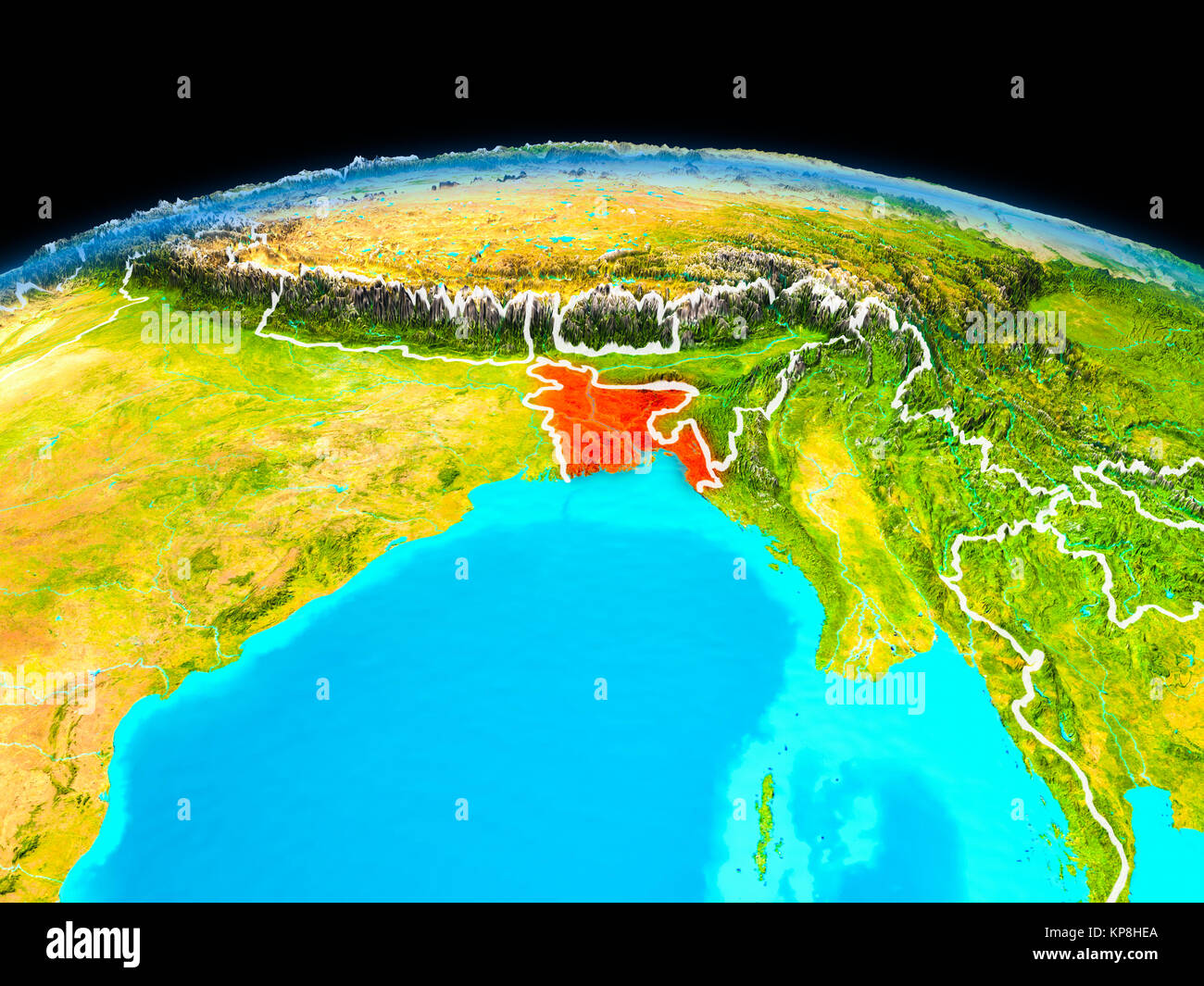 Satellite view of Bangladesh highlighted in red on planet Earth with ...