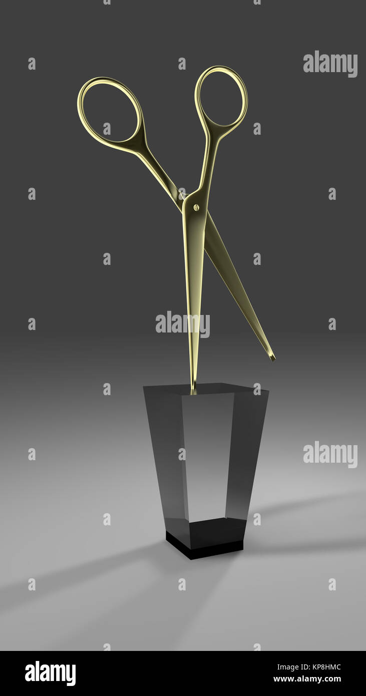 Golden scissors trophy on pedestal Stock Photo - Alamy