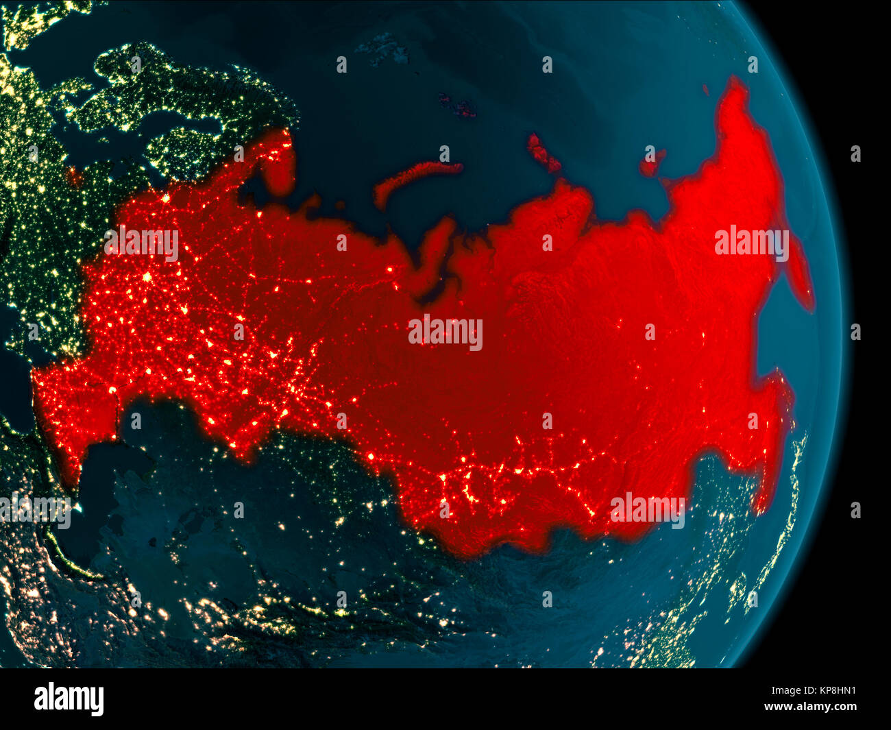 Illustration of Russia as seen from Earth’s orbit at night. 3D ...