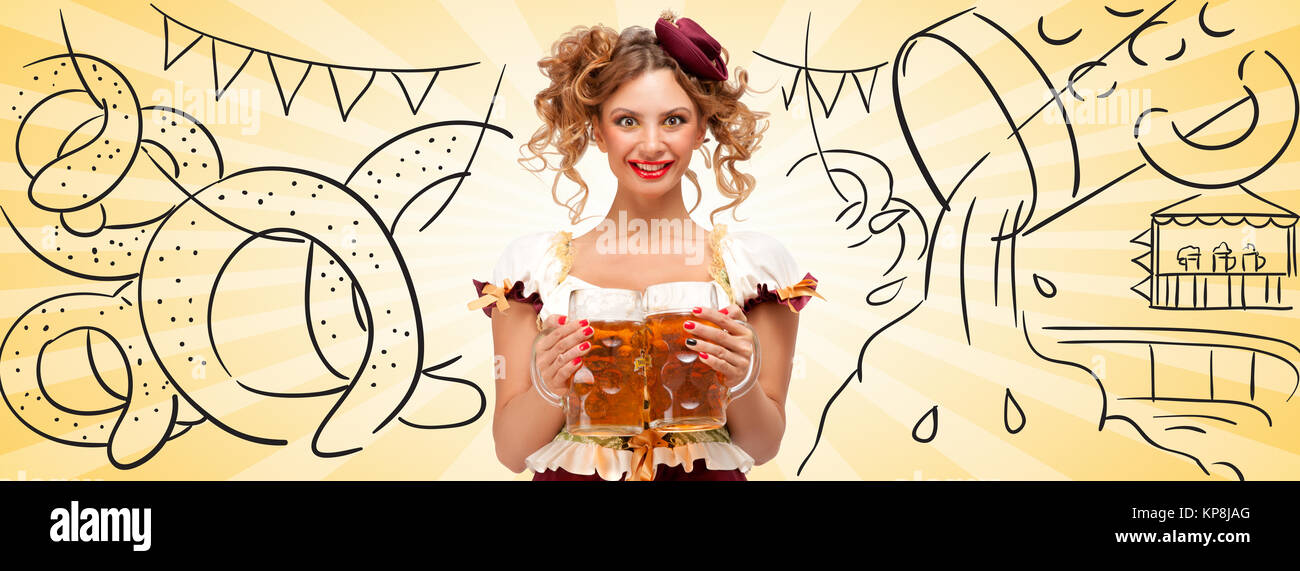 Beautiful woman wearing a traditional Bavarian dress dirndl serving two ...