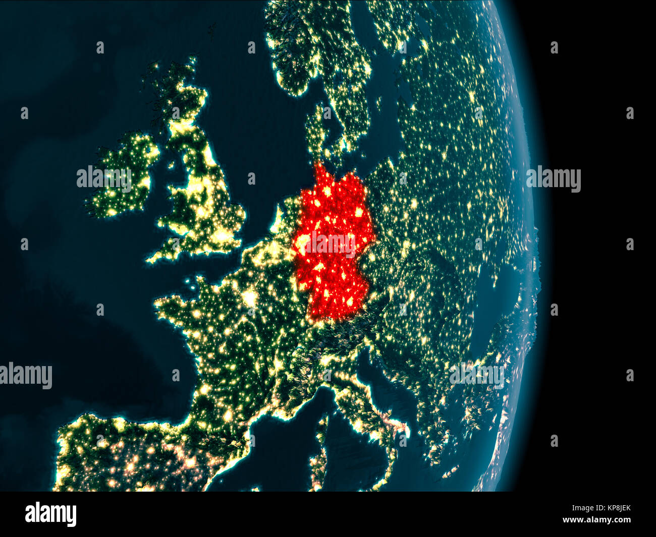 Illustration of Germany as seen from Earth’s orbit at night. 3D ...