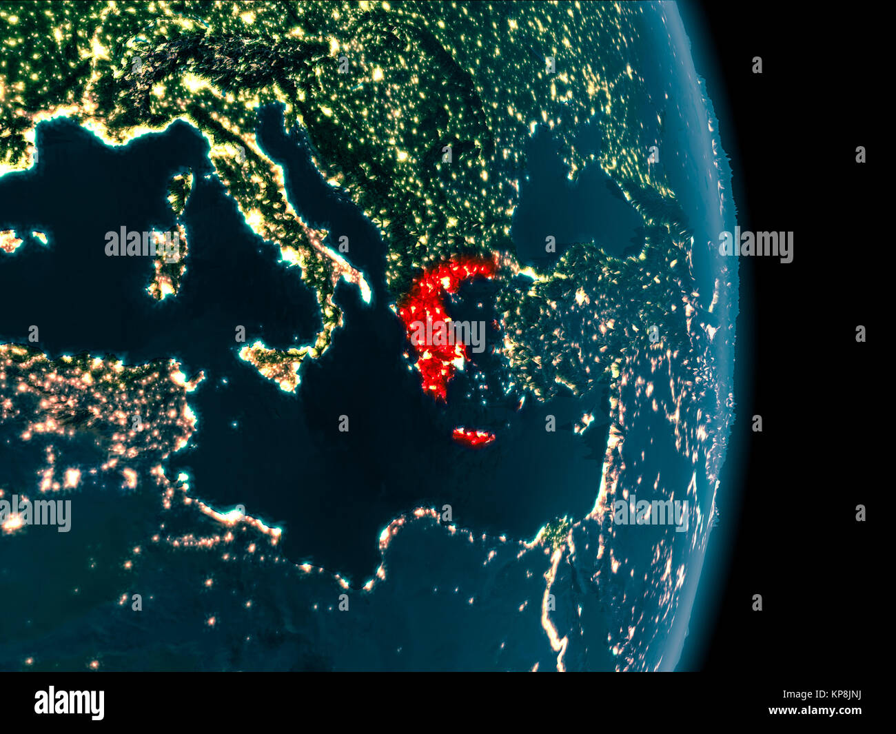 Illustration of Greece as seen from Earth’s orbit at night. 3D ...