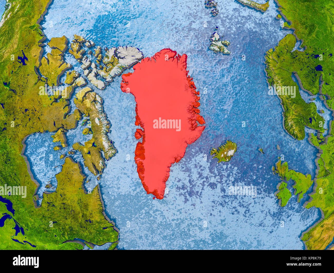 Greenland in red on realistic map with embossed countries. 3D ...