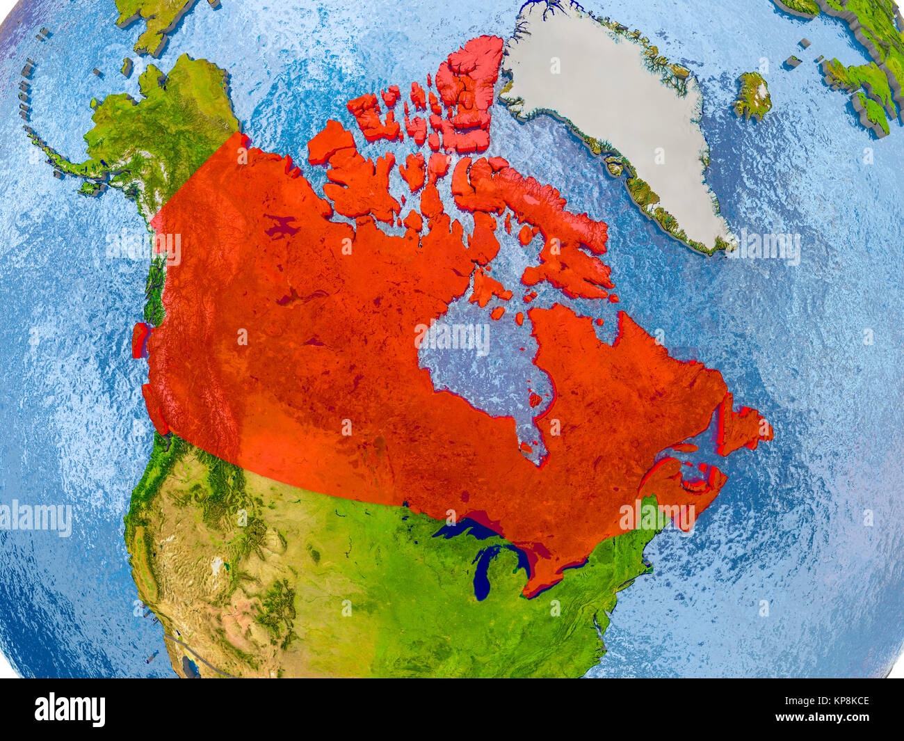 Canada in red on realistic map with embossed countries. 3D illustration ...