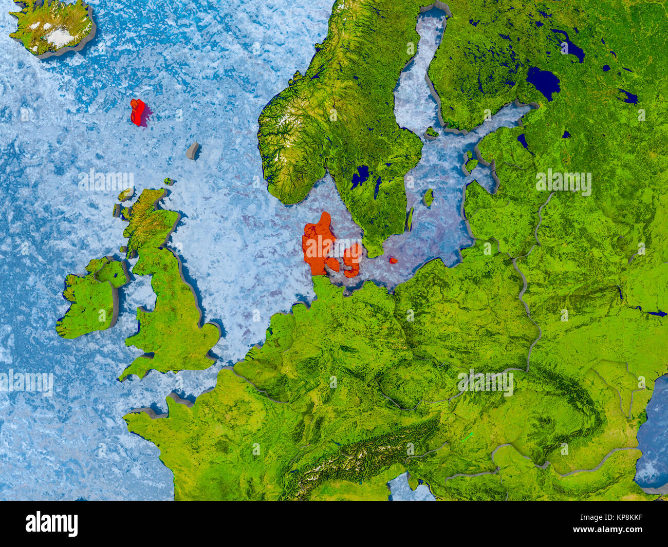 Denmark in red on realistic map with embossed countries. 3D ...