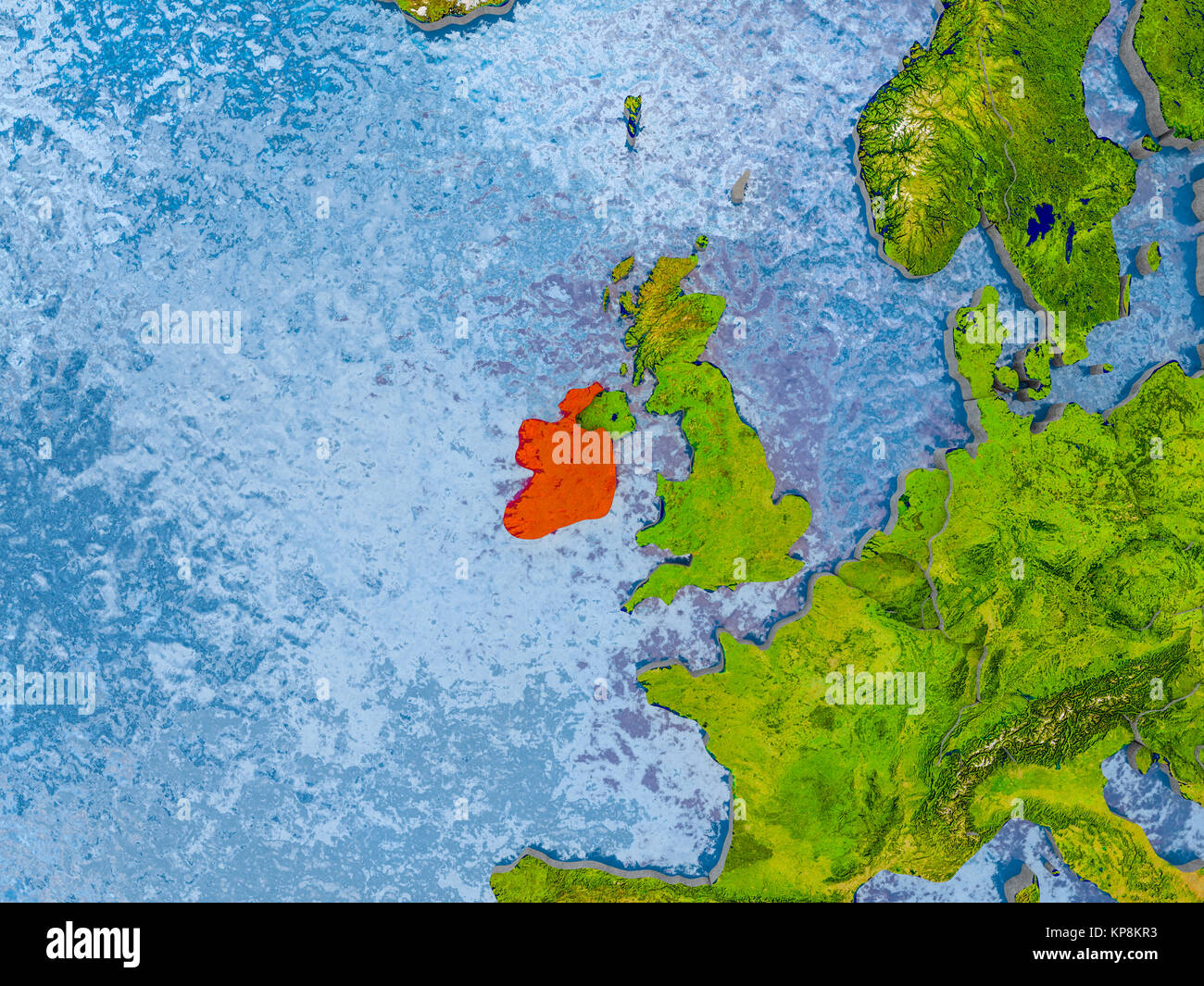 Ireland in red on realistic map with embossed countries. 3D ...