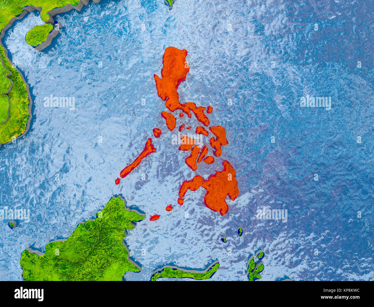 Philippines in red on realistic map with embossed countries. 3D ...