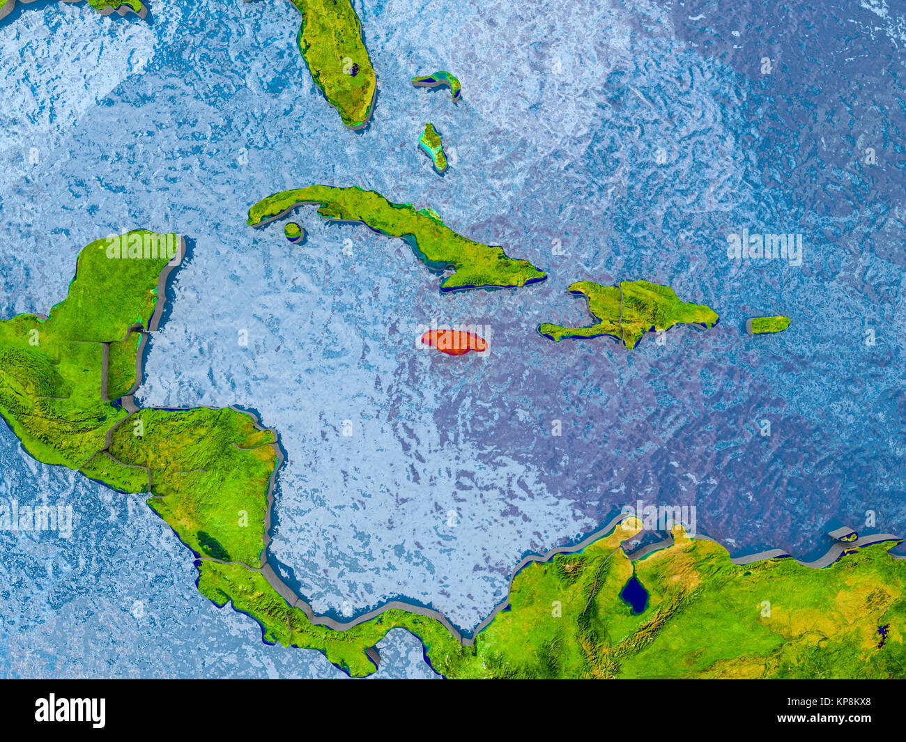 Jamaica in red on realistic map with embossed countries. 3D ...