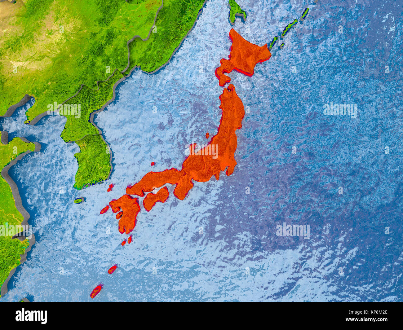 Japan in red on realistic map with embossed countries. 3D illustration ...