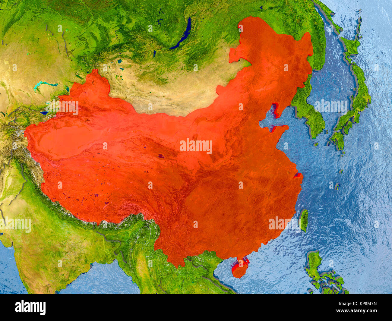 China in red on realistic map with embossed countries. 3D illustration ...