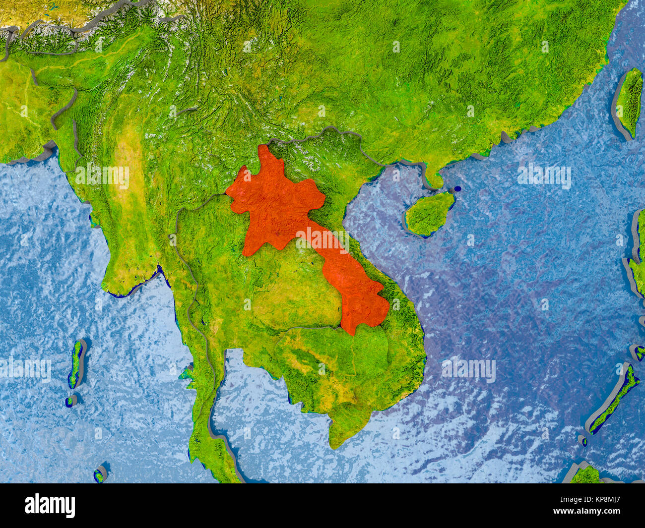 Laos in red on realistic map with embossed countries. 3D illustration ...