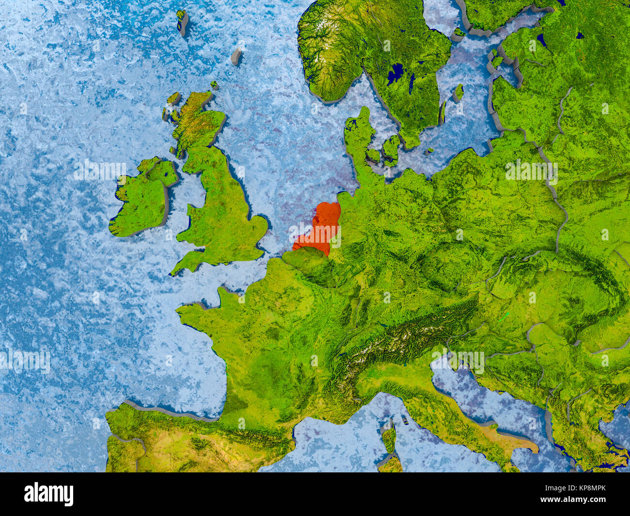 Netherlands in red on realistic map with embossed countries. 3D ...