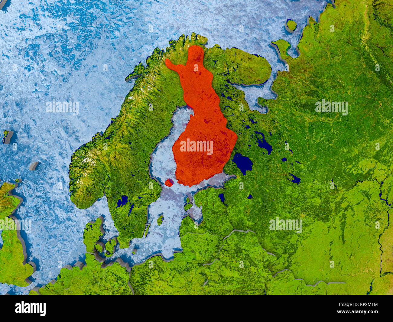 Finland in red on realistic map with embossed countries. 3D ...