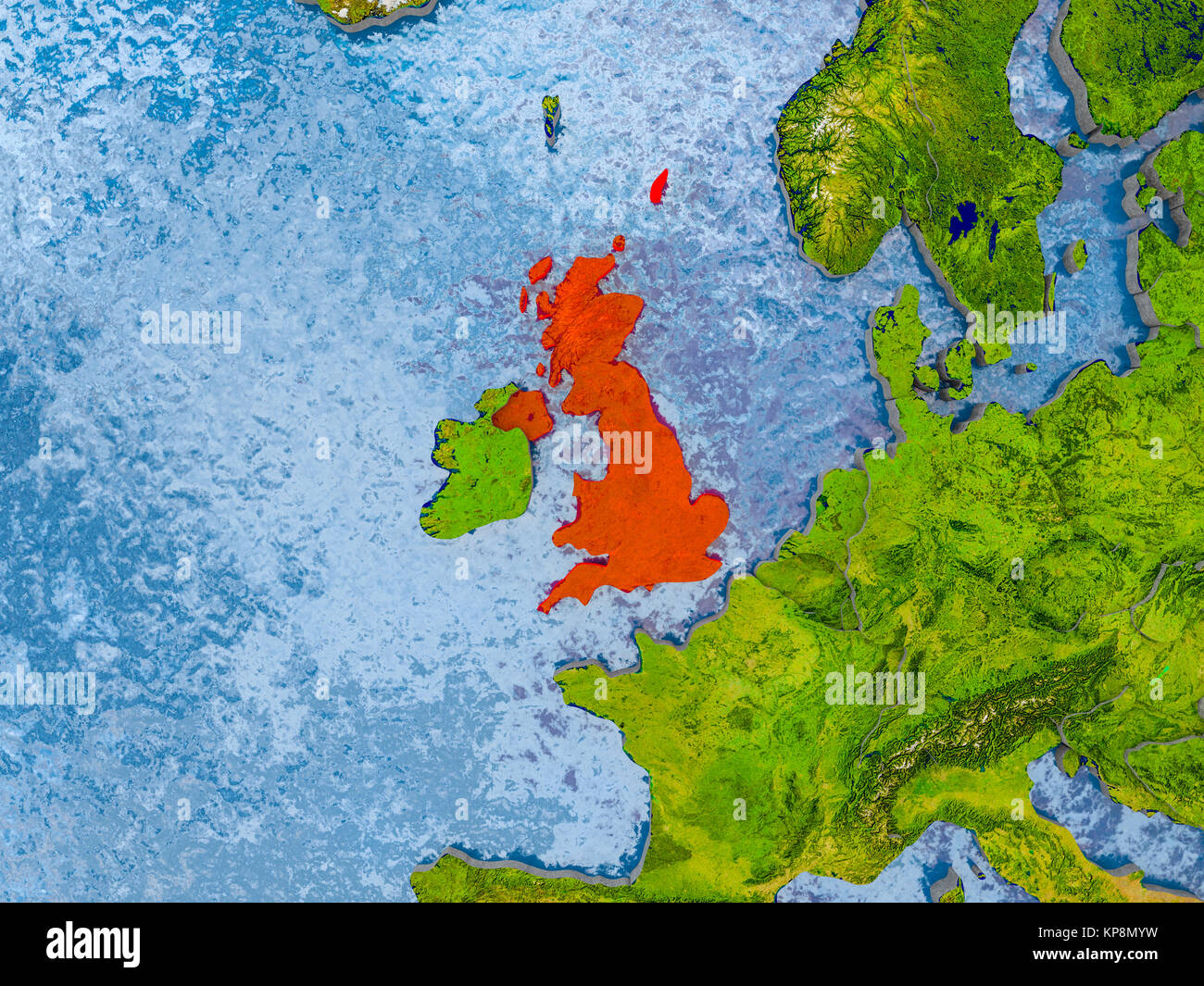 United Kingdom in red on realistic map with embossed countries. 3D ...