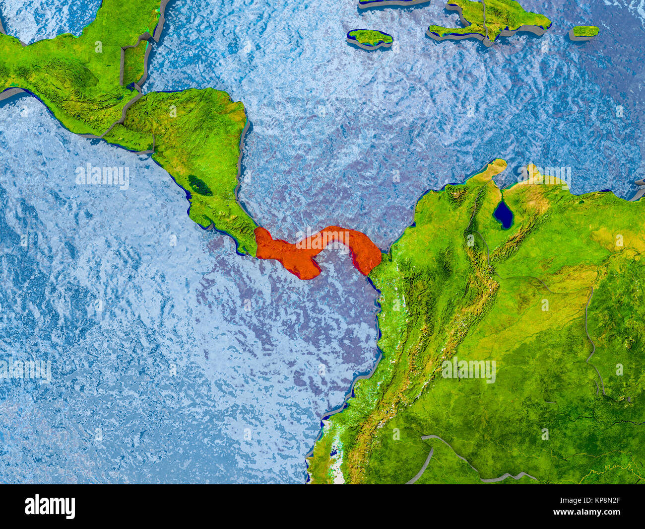 Panama in red on realistic map with embossed countries. 3D illustration ...