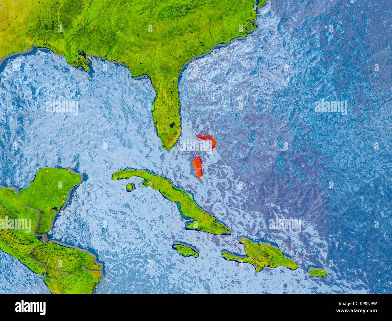Bahamas in red on realistic map with embossed countries. 3D ...
