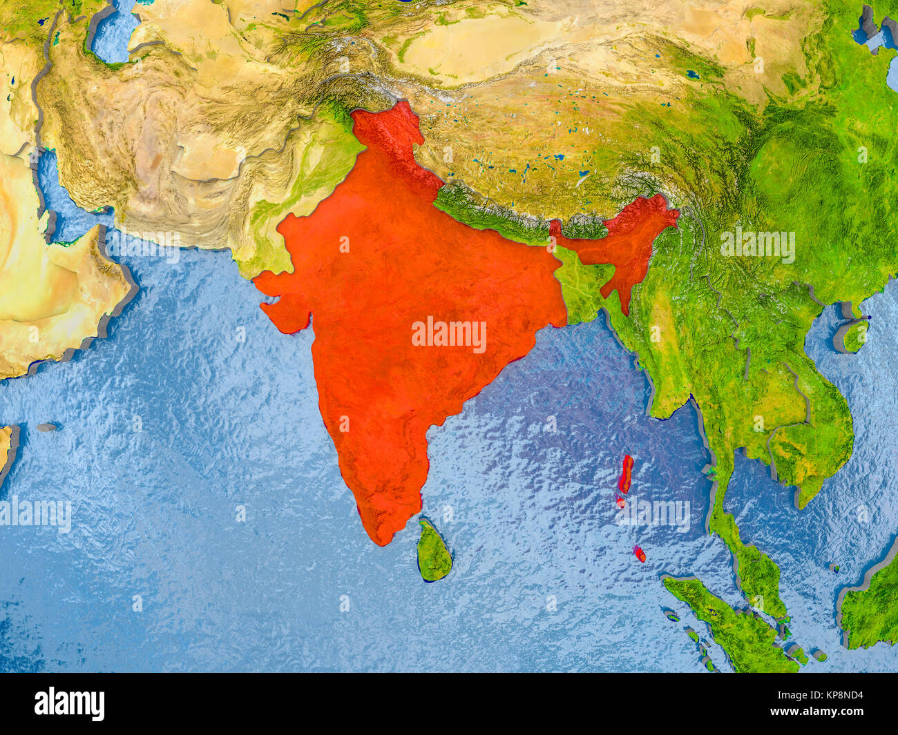 India in red on realistic map with embossed countries. 3D illustration ...