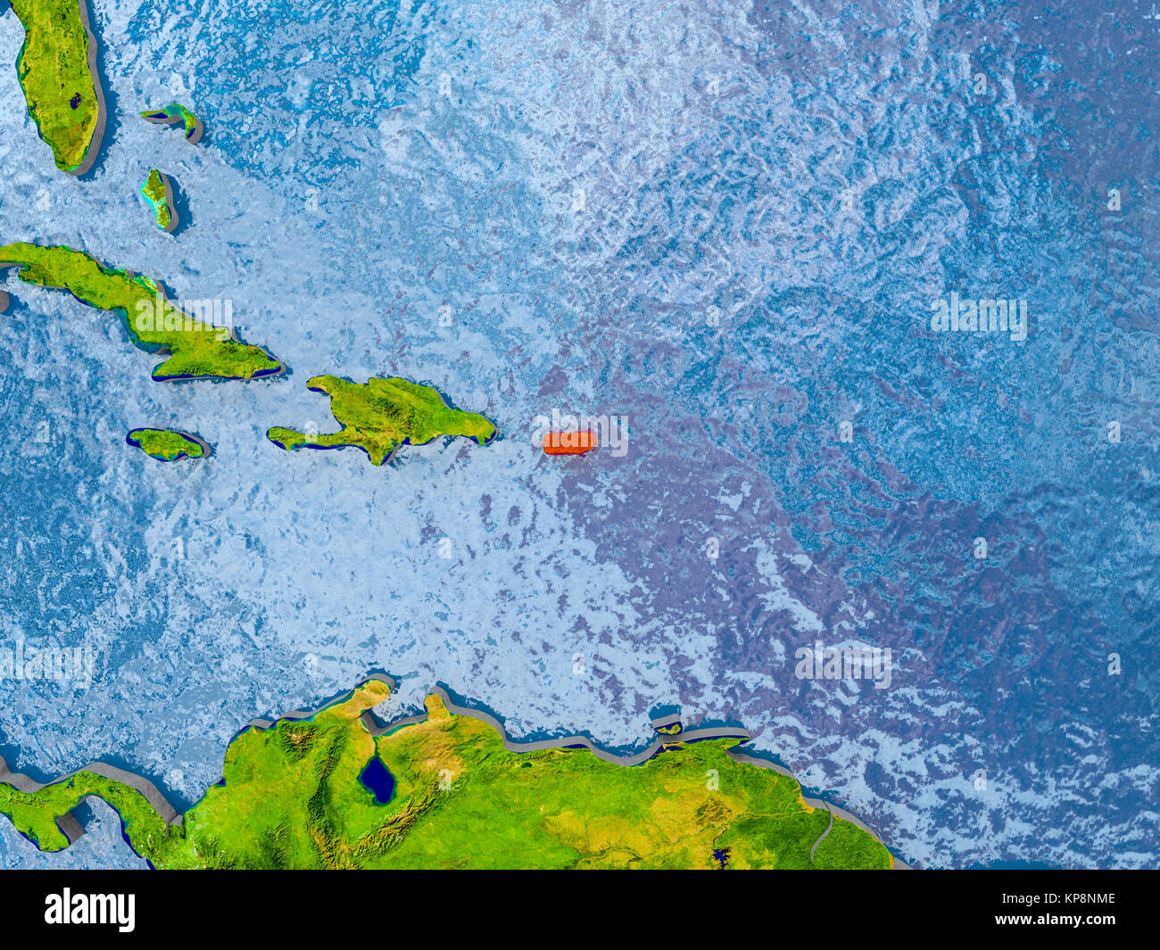 Puerto Rico in red on realistic map with embossed countries. 3D ...