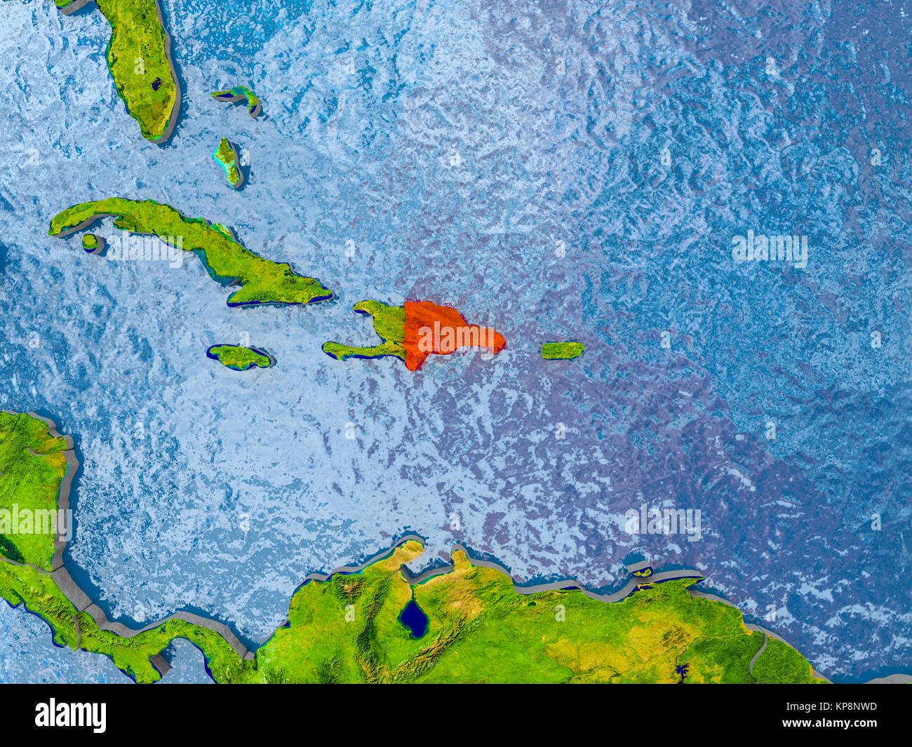 Dominican Republic in red on realistic map with embossed countries. 3D ...