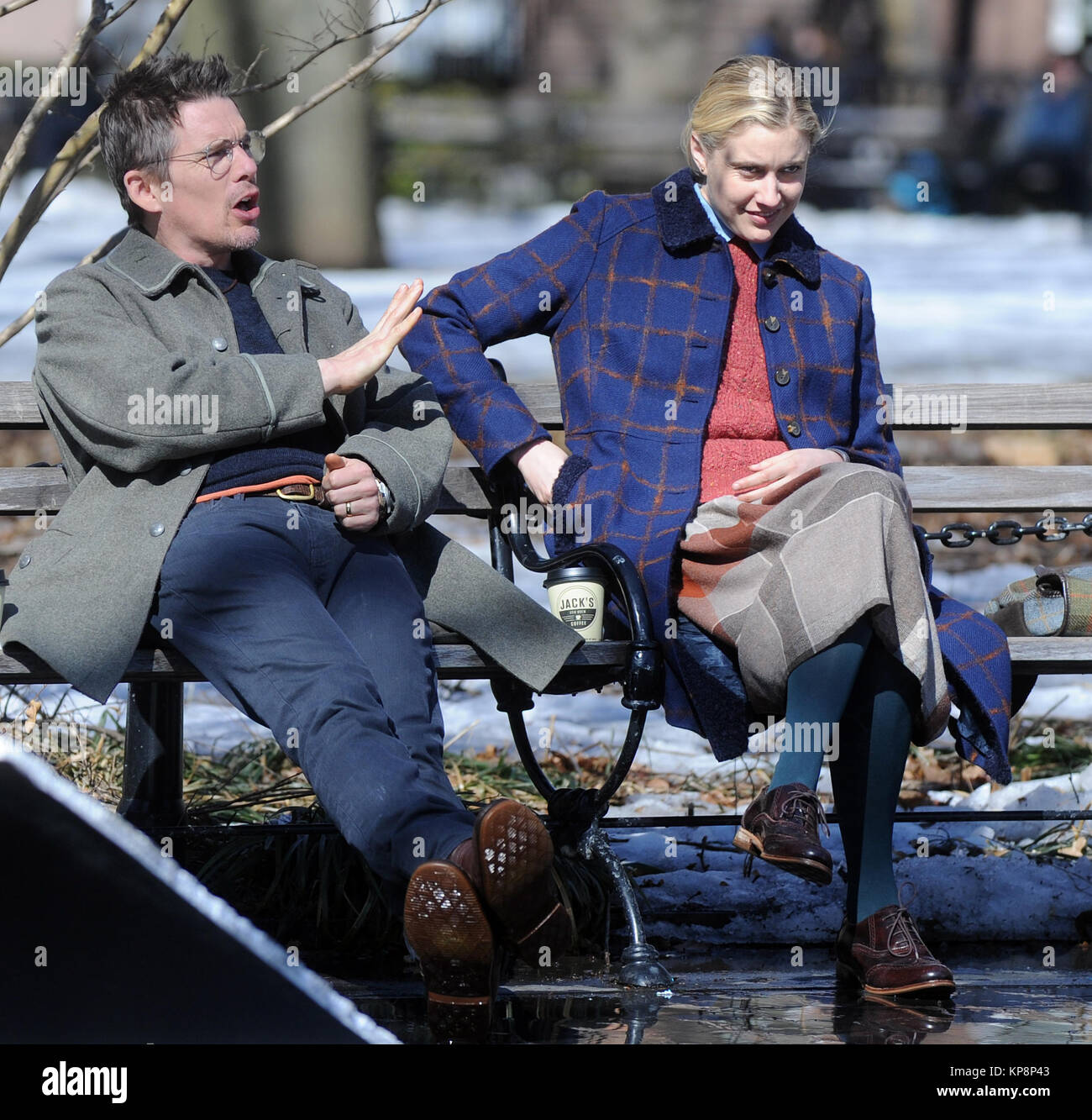 NEW YORK, NY - MARCH 09: Ethan Hawke and Greta Gerwig on the set of ...