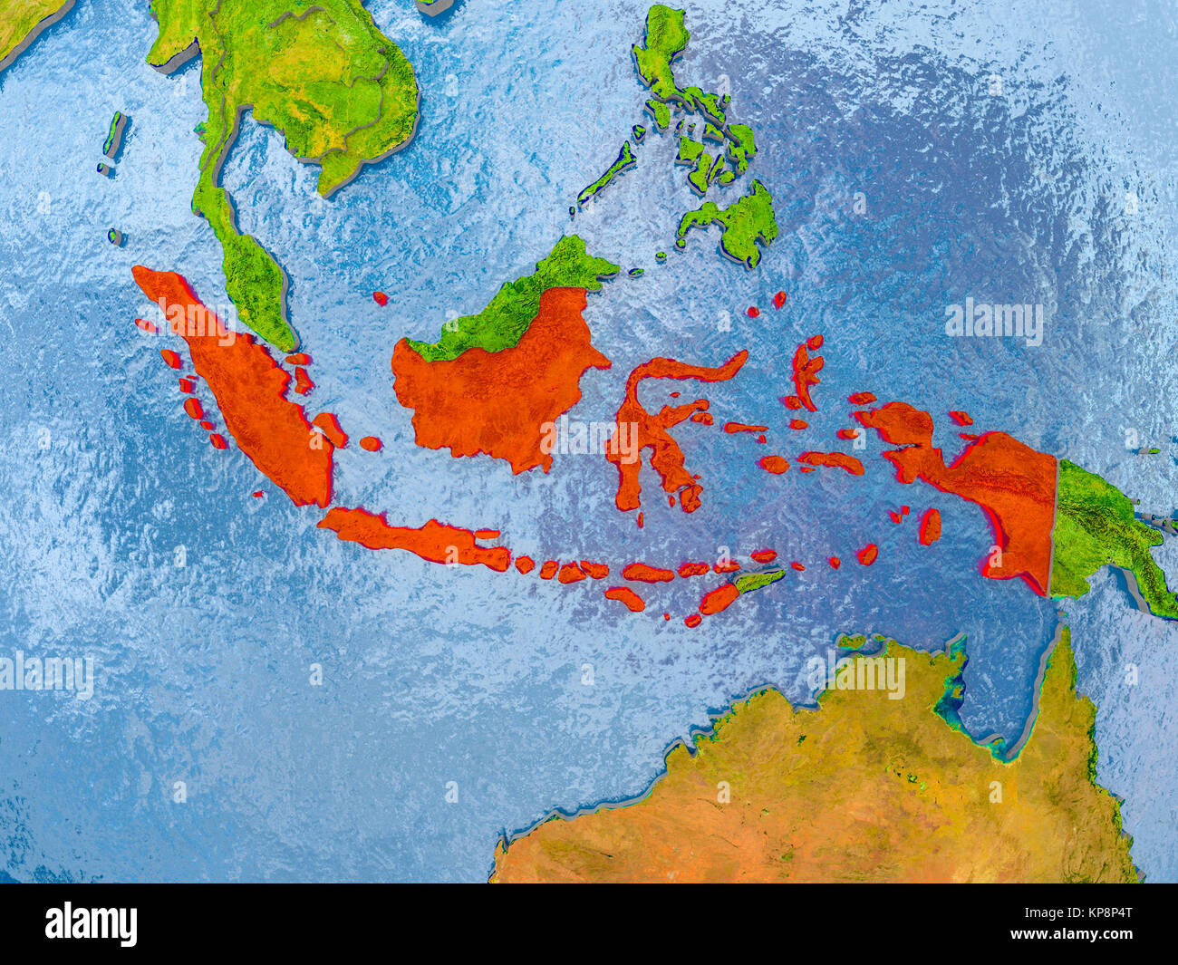 Indonesia in red on realistic map with embossed countries. 3D ...