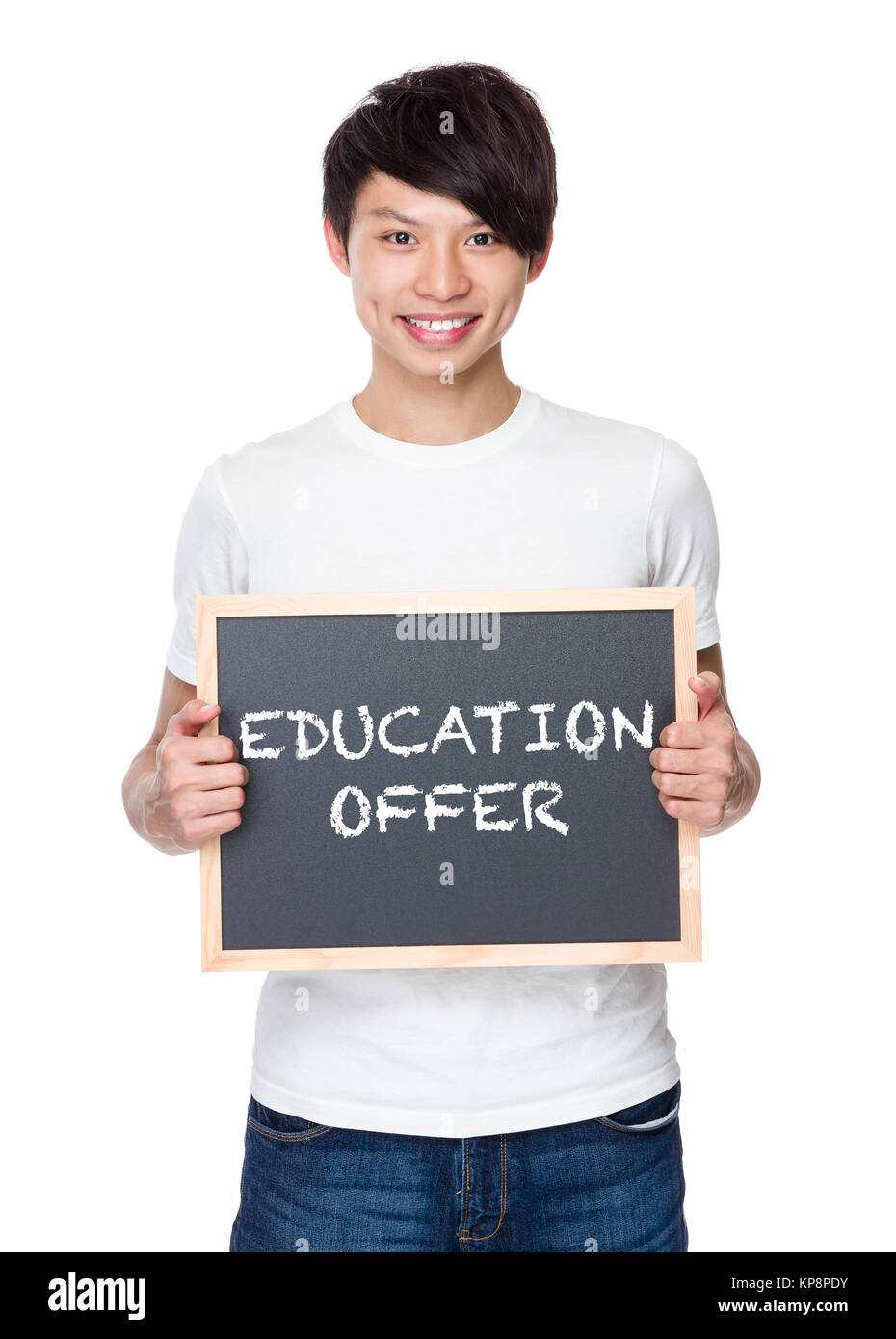 Young man hold with chalkboard showing education offer Stock Photo - Alamy