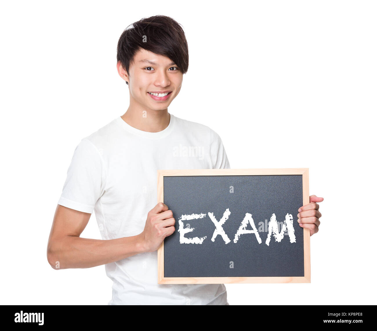 Young university student with blackboard showing a word exam Stock ...