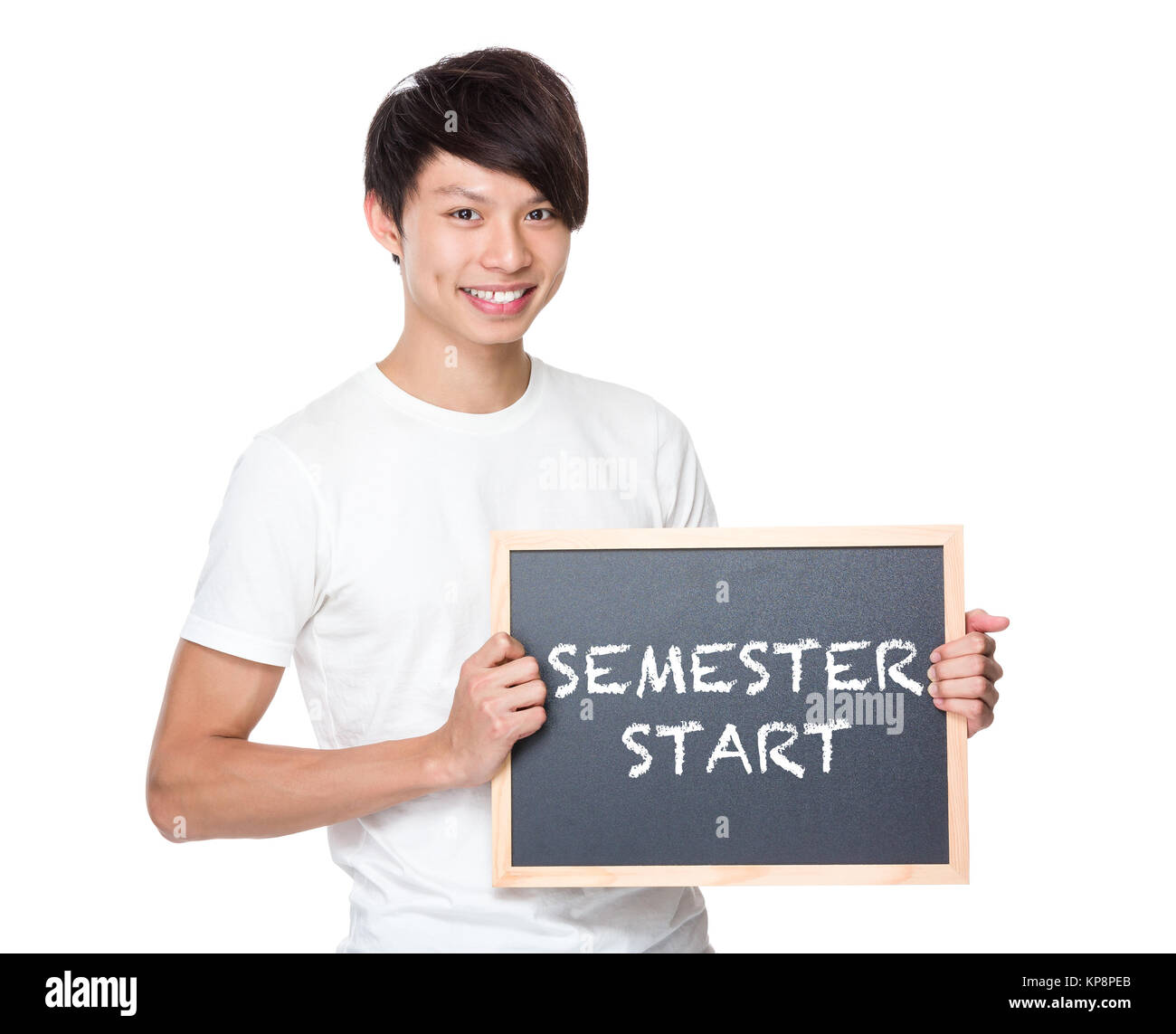 Young university student with blackboard showing phrase of semester ...