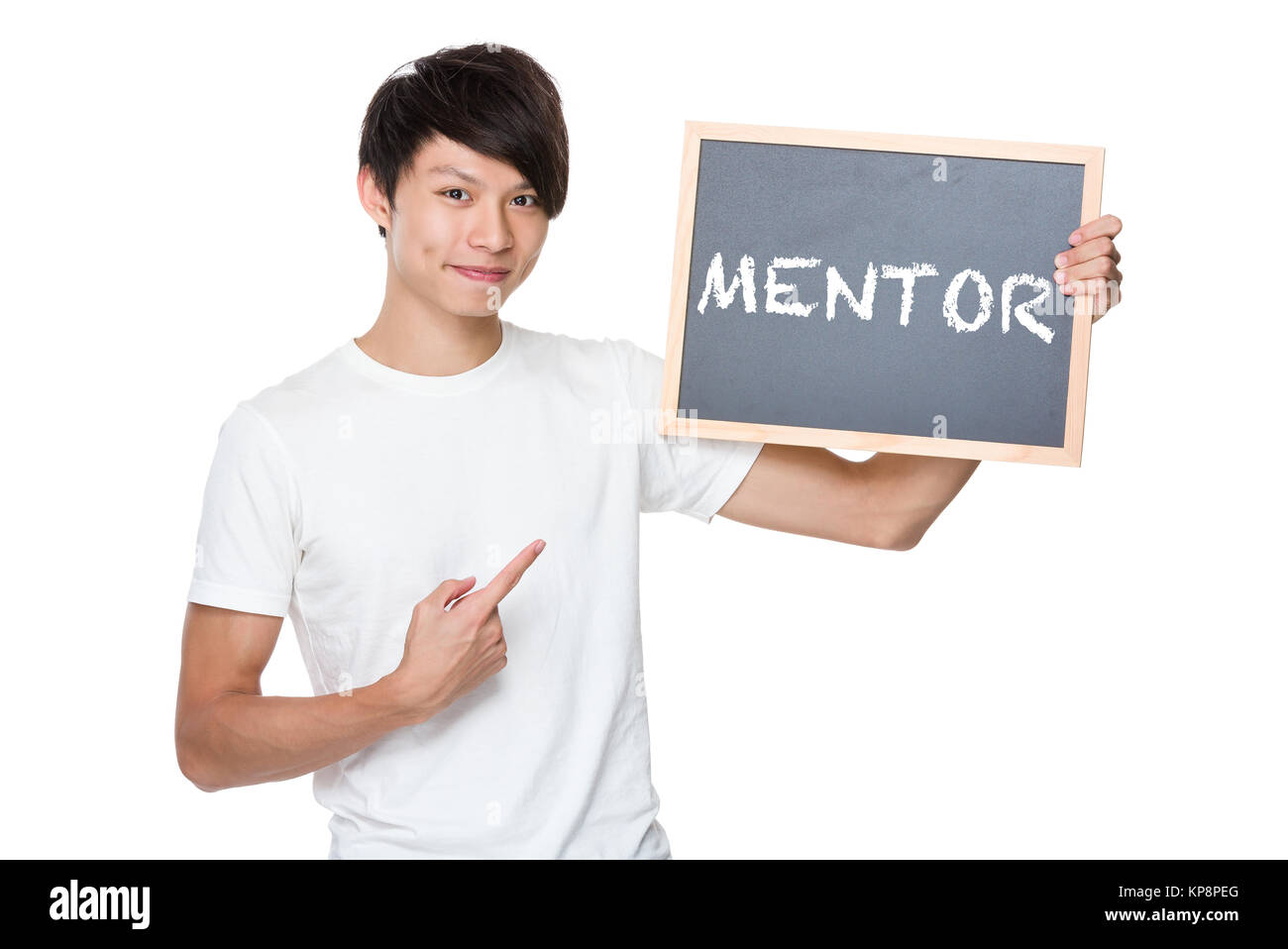Man hold with chalkboard showing a word mentor Stock Photo - Alamy