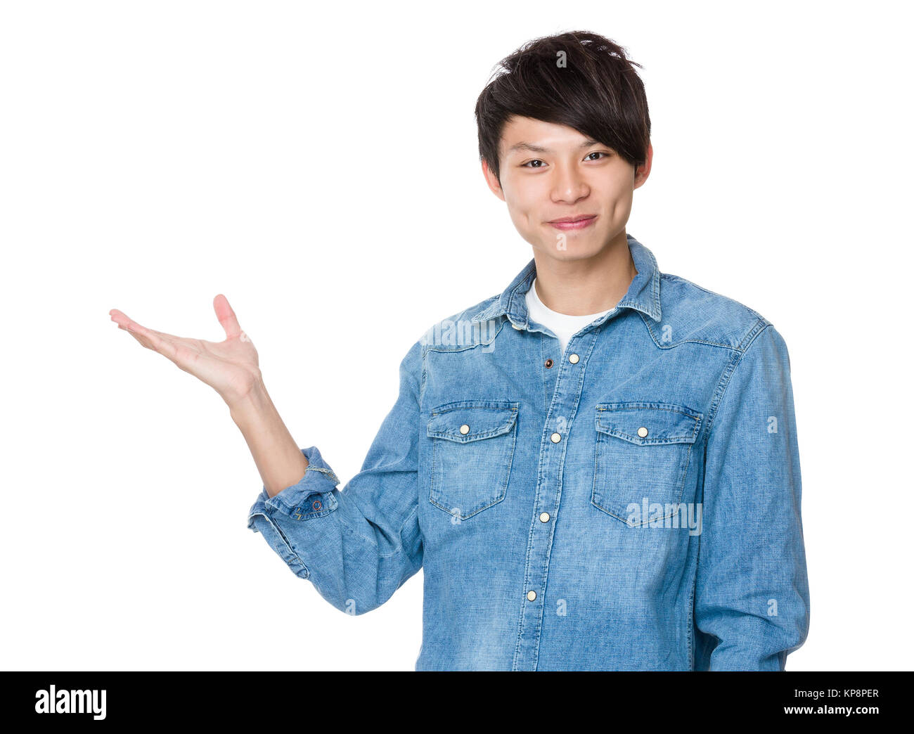 Young asian man with open hand palm Stock Photo - Alamy