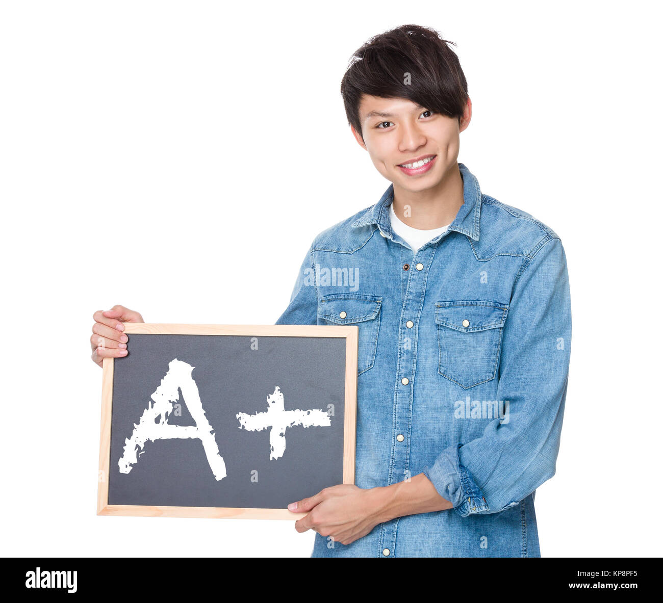Man hold with blackboard showing A plus mark Stock Photo - Alamy