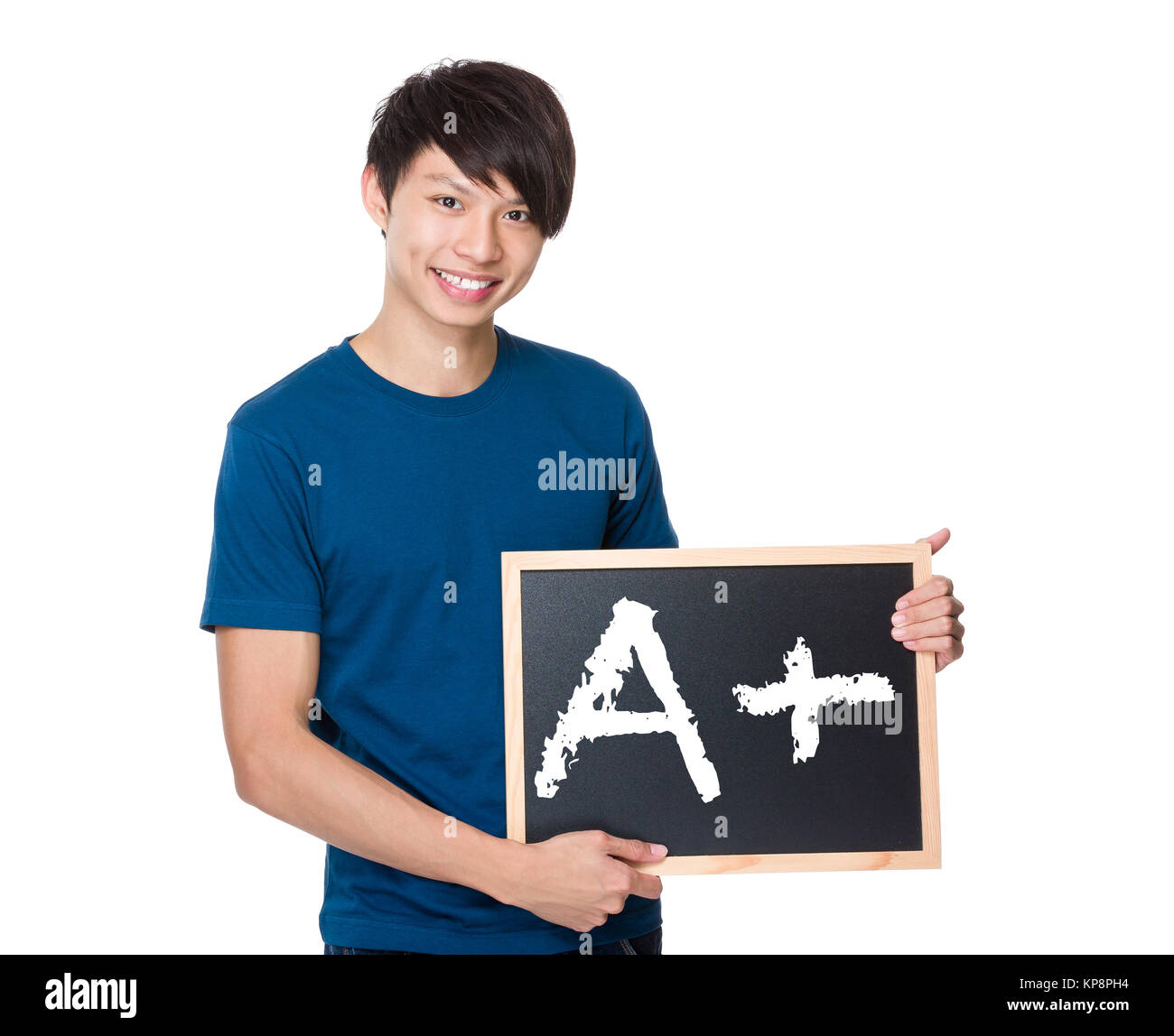 Asian man with the blackboard showing A plus mark Stock Photo - Alamy