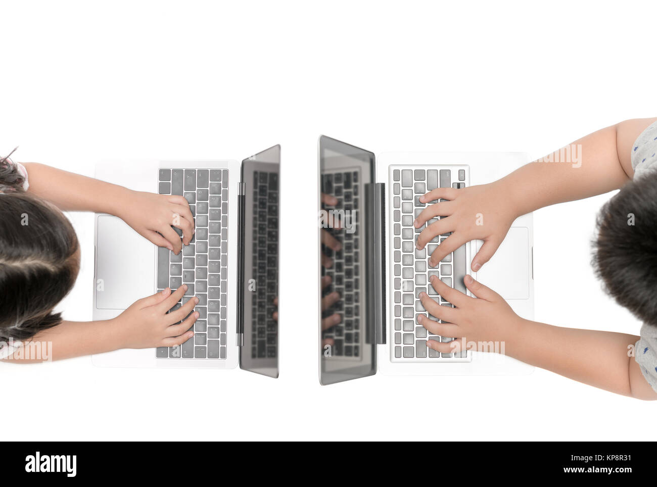 hand child playing computer on top view isolated on white background ...