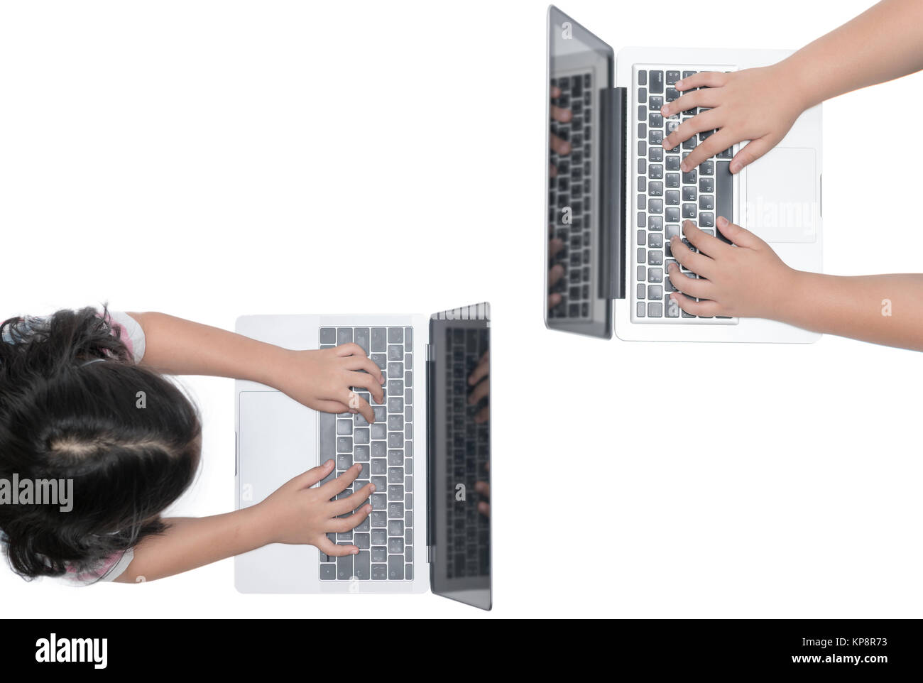 hand child playing computer on top view isolated on white background ...